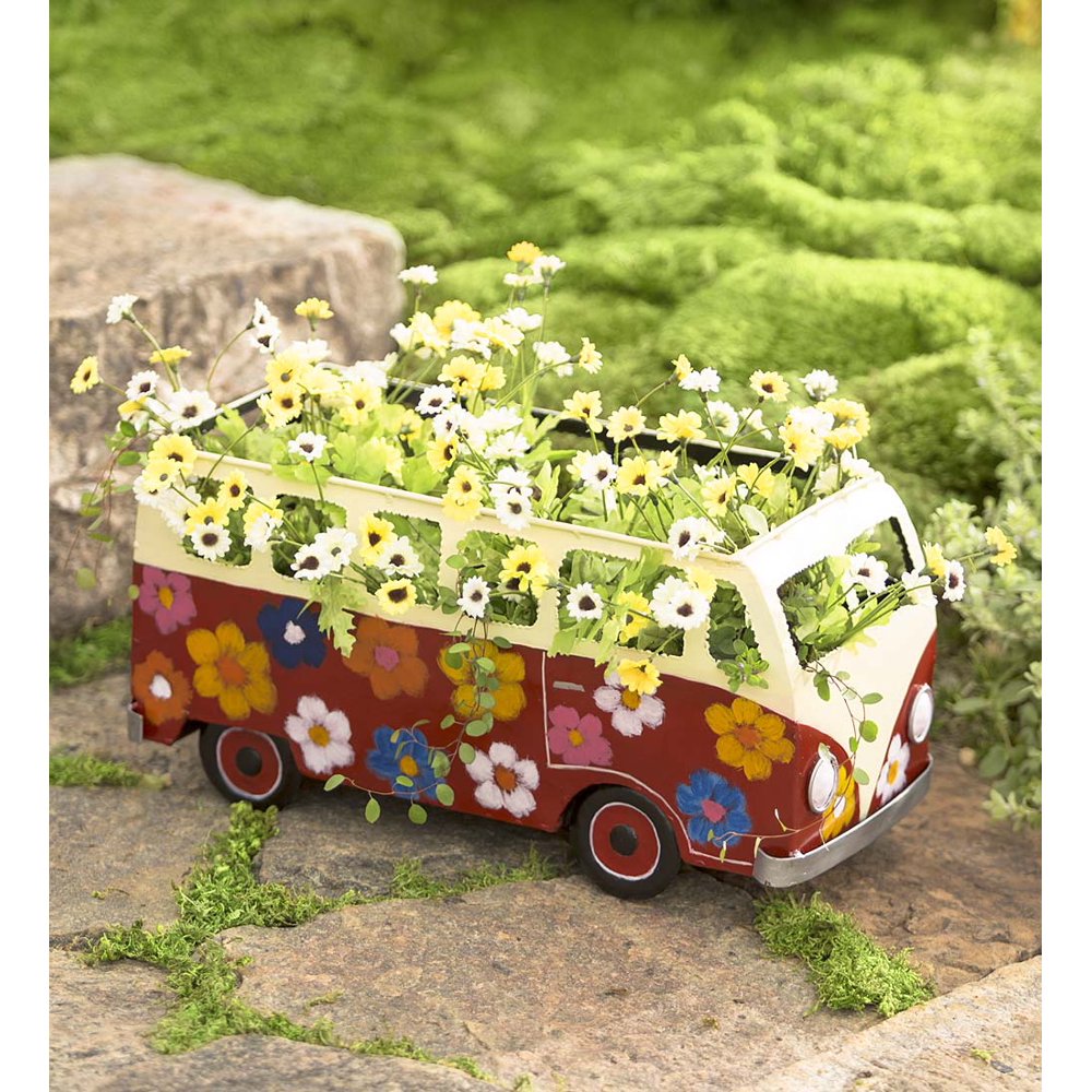 Handmade Metal Flower Power Bus Planter, 17" L x 7.75" W x 8.50" H ...