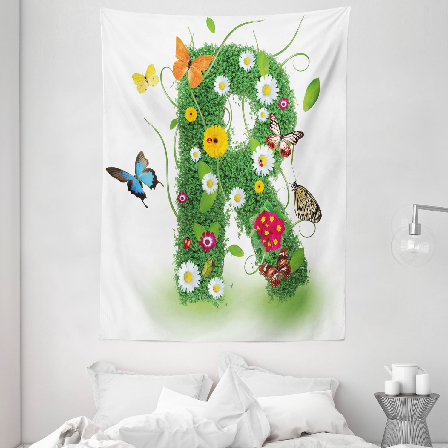 Letter R Tapestry, Uppercase R with Flora and Fauna Wildflowers Daisies ...