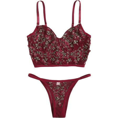 Women's Embroidered Sheer Mesh Push Up Lingerie Set Underwire Bra and ...