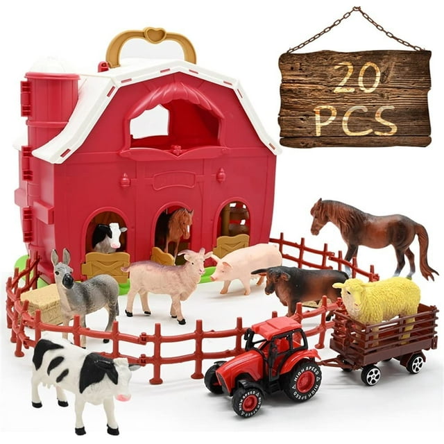 Farm Animals Red Barn Toys, 20PCS Farm Toys Farm Figurines and Fence ...