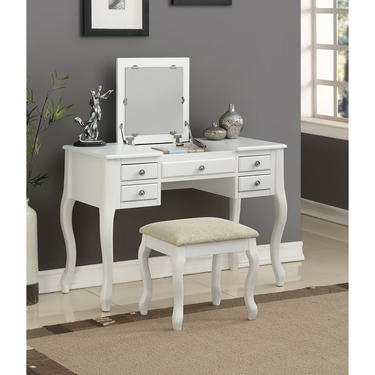 Bobkona Cailyn Wooden Vanity Set with Flip Up Mirror Stool White Furniture Top Walmart