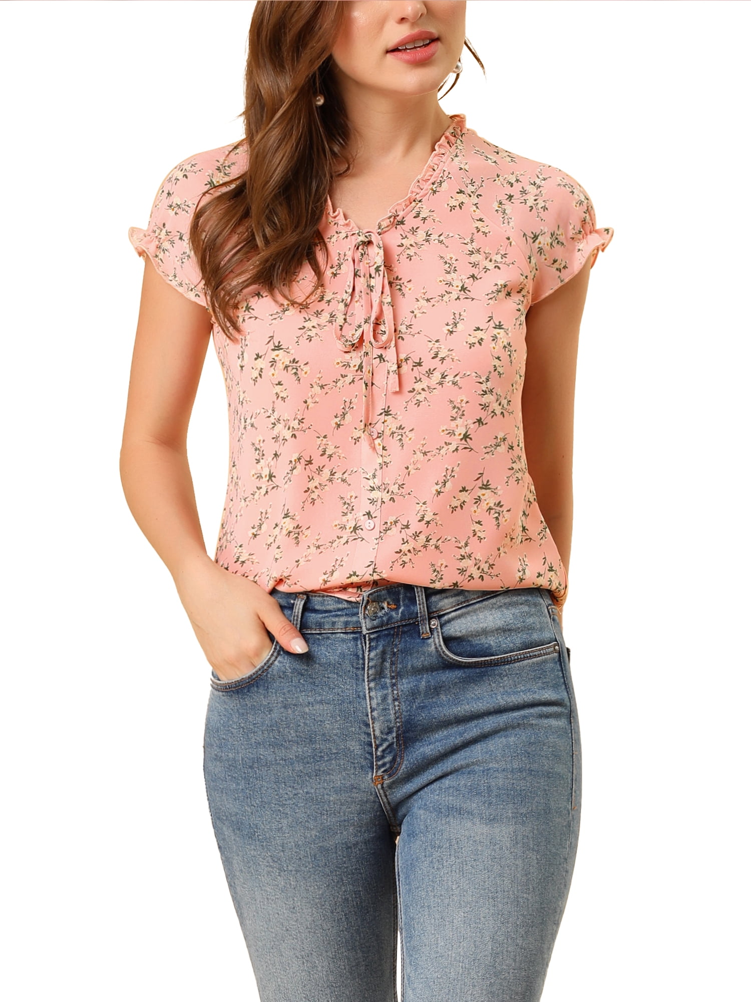 Allegra K Womens V Neck Short Sleeves Ruffled Trim Ditsy Floral