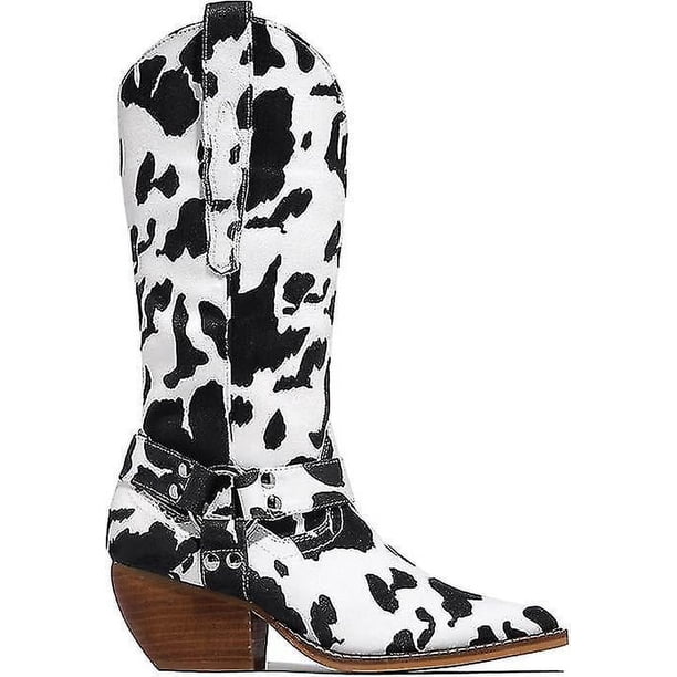 Lishi Cow Print Mid Calf Cowgirl Boots with Chunky Heel - Walmart.ca
