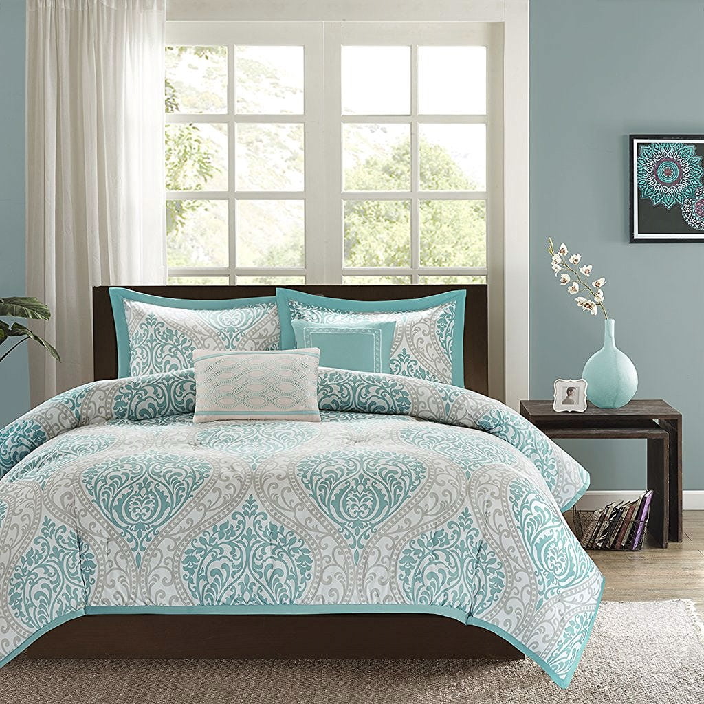Twin / Twin XL Comforter Set in Light Blue White Grey Damask Pattern ...