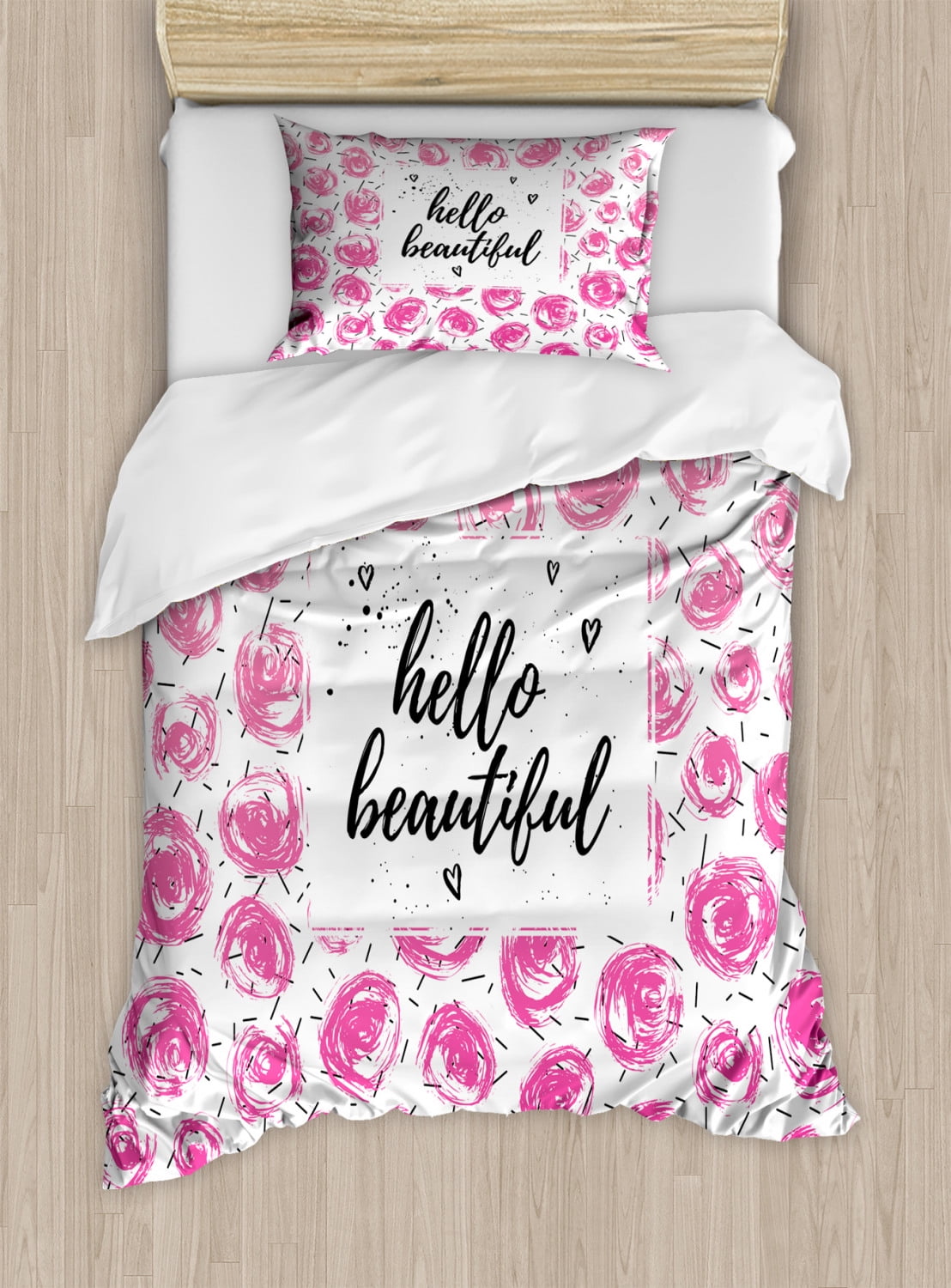 Hello Twin Size Duvet Cover Set, Hand Lettering Quote on Retro Floral ...