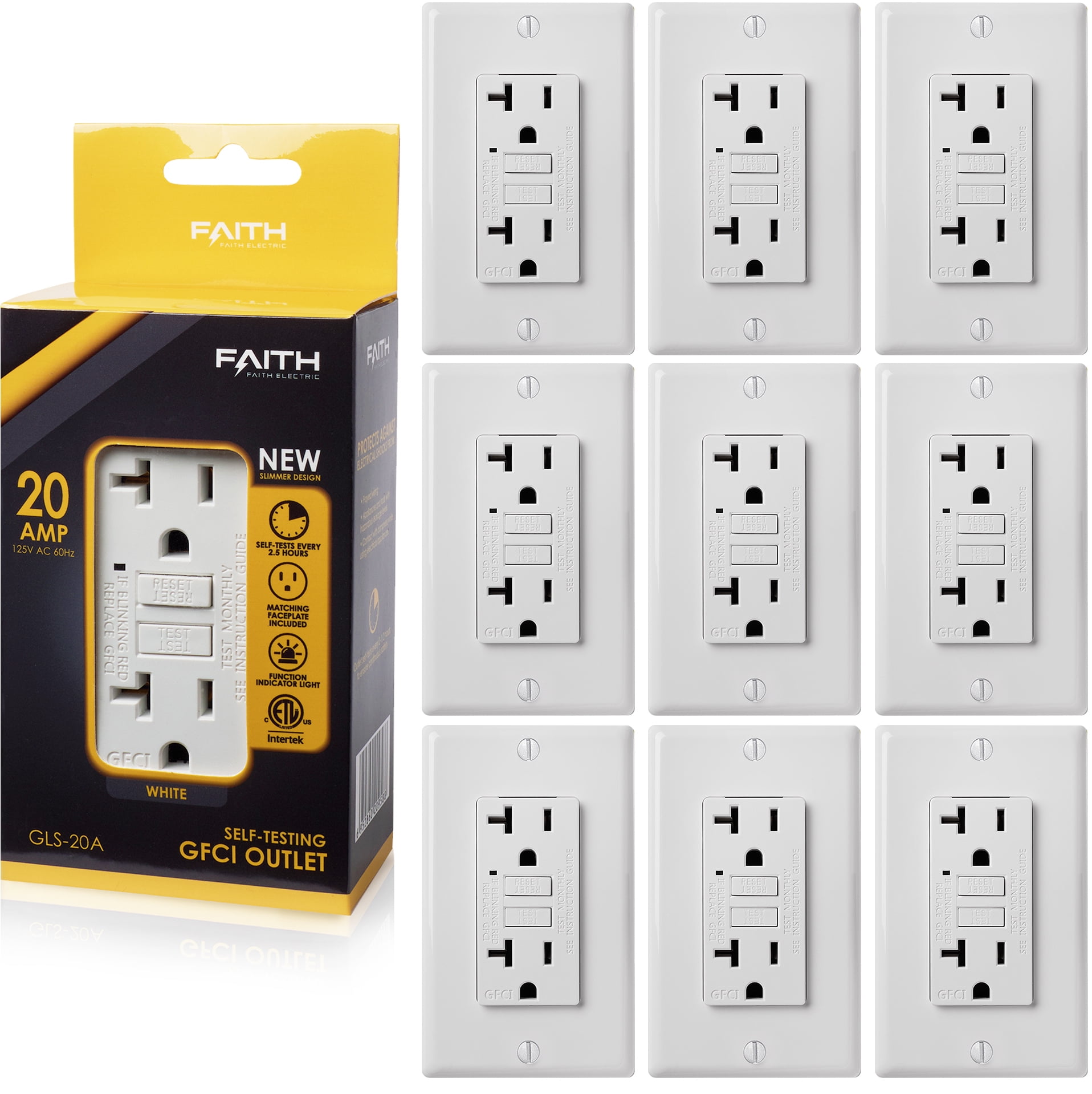 Faith 20A GFCI Outlets, Slim, GFI Receptacles with Wall Plate, White ...