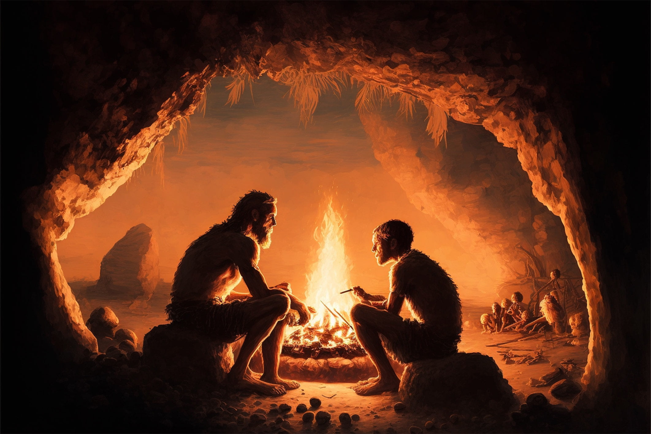 24x36 gallery poster, Stoneage cavemen around fire - Walmart.com