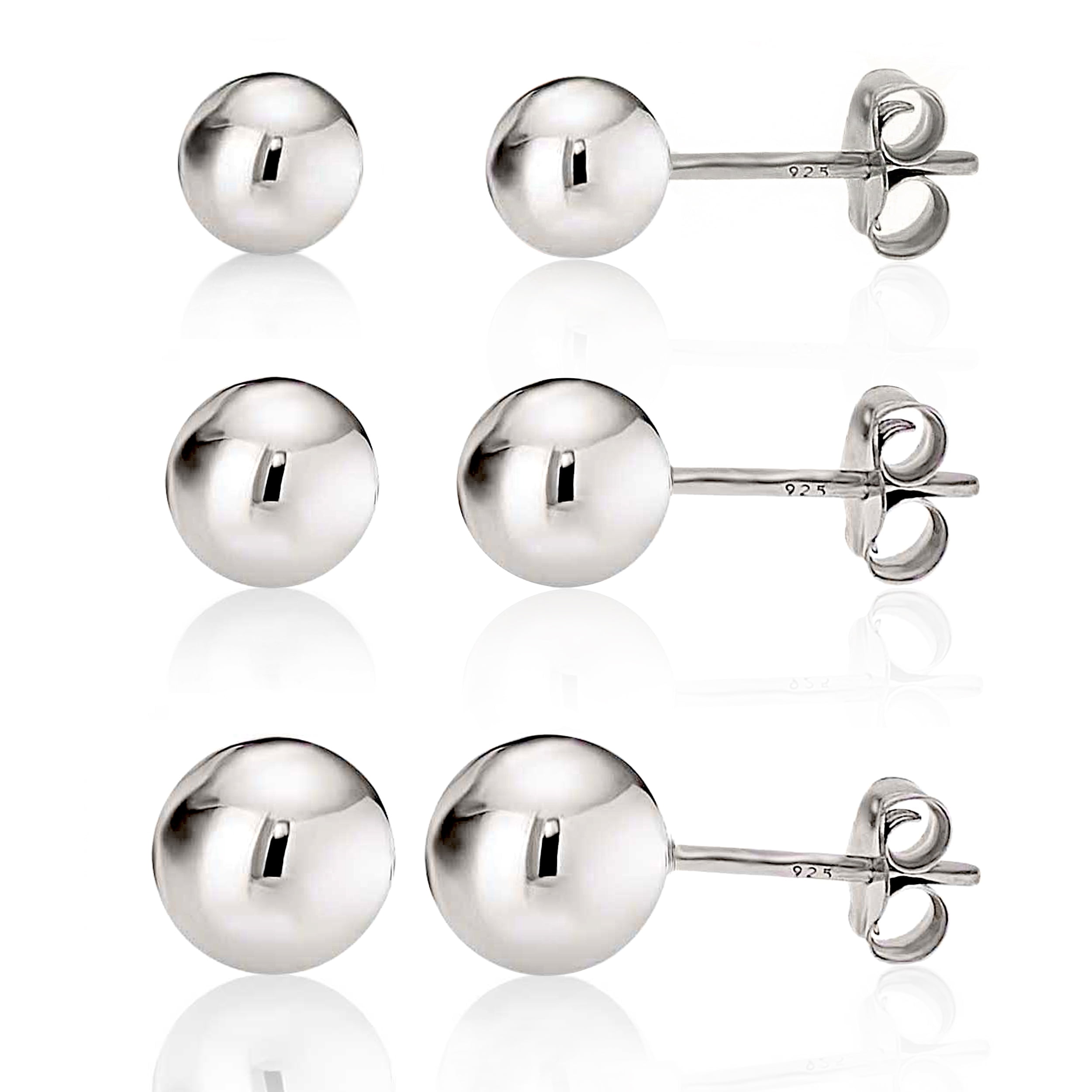 925 Sterling Silver High Polish Smooth Round Ball Stud Earring 3-Size ...