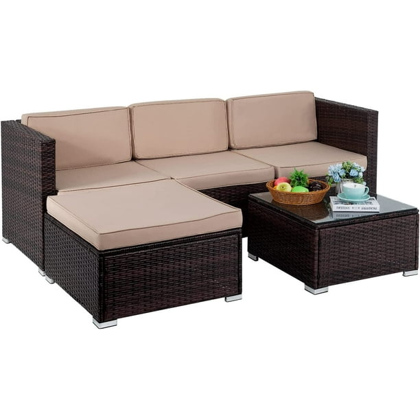 FDW 5-Piece Outdoor Patio Set, Rattan Wicker Sofa, Chairs & Table for ...