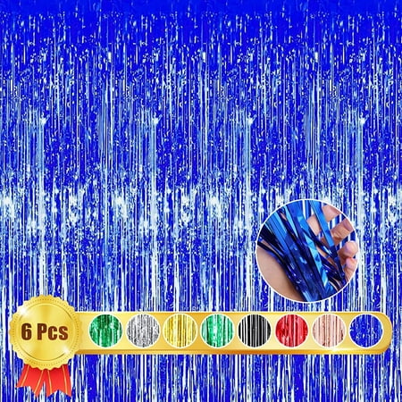 6 Pack 3.2ft x 6.6ft Blue Metallic Tinsel Foil Fringe Curtains Backdrop ...
