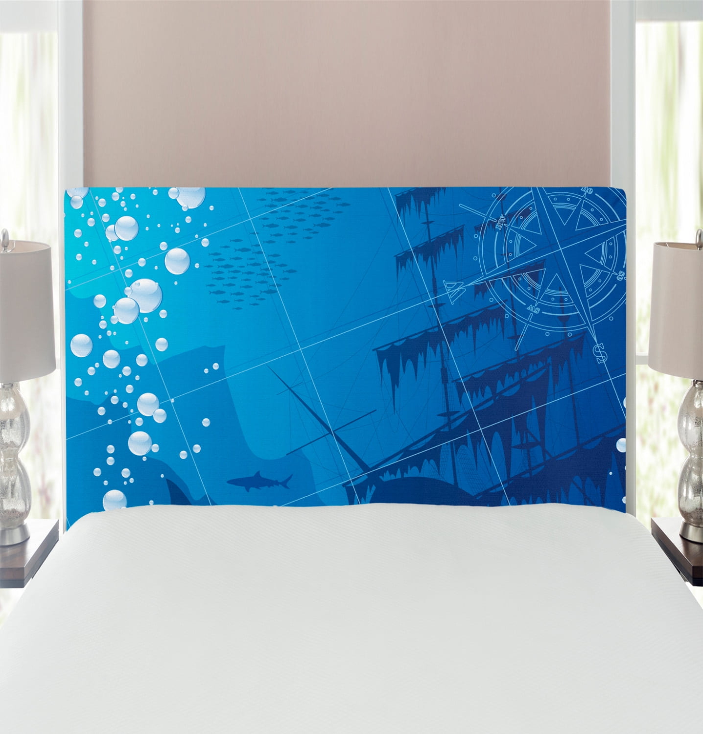 Nautical Headboard, Underwater Sharks Old Ship Compass Windrose Deep ...