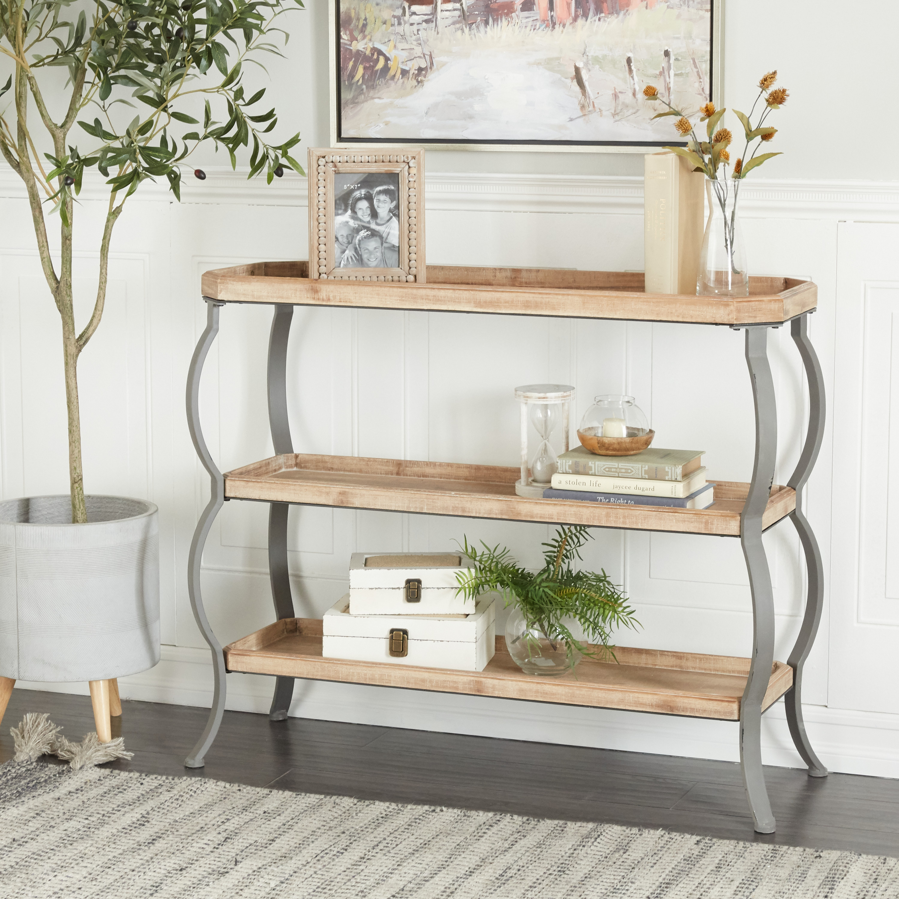 DecMode 39" x 33" Brown Wood 2 Shelves Console Table with Bowed Grey ...