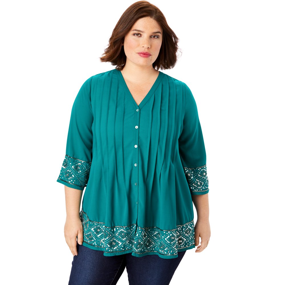 Roamans Roamans Womens Plus Size Beaded Pintuck Tunic Long Shirt