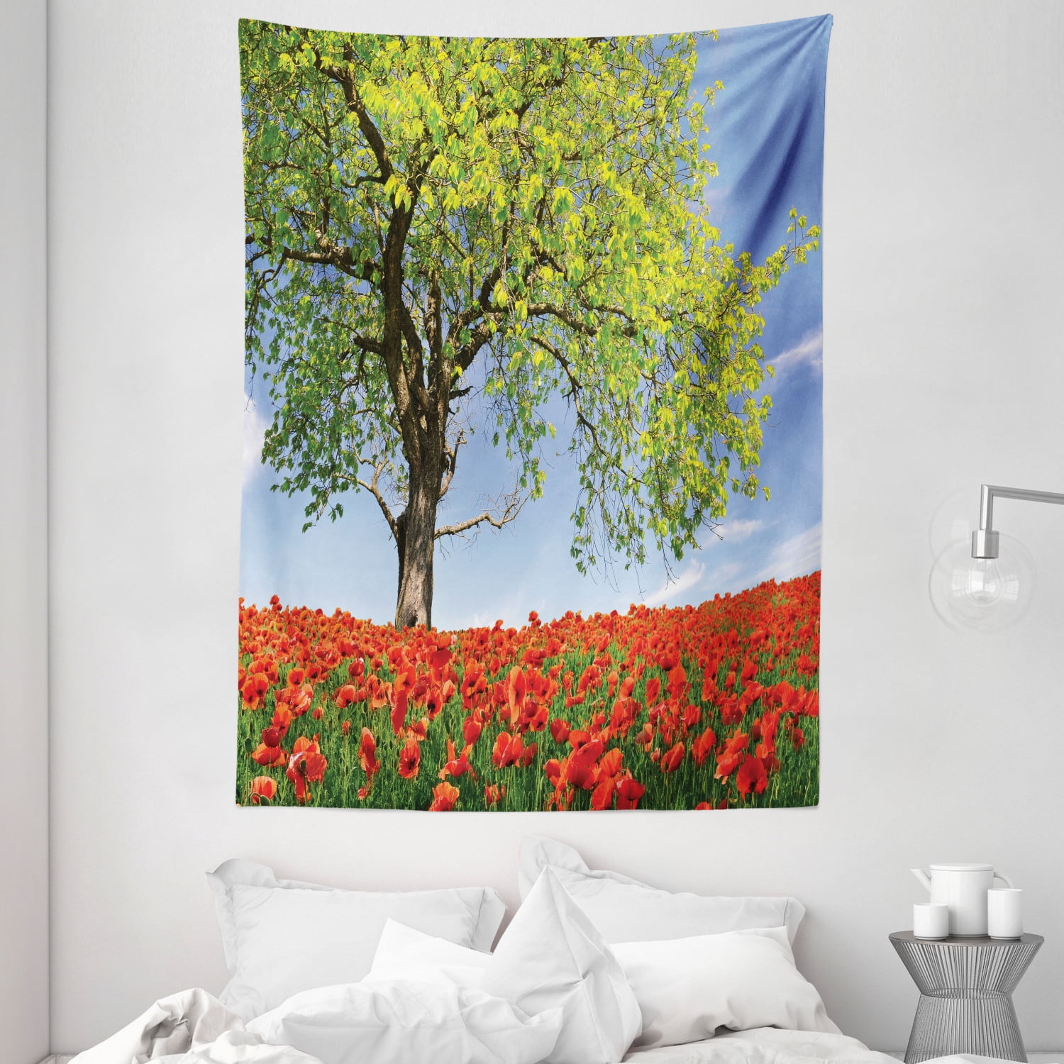 Poppy Tapestry, Landscape of Blooming Poppies on Field Majestic Tree ...