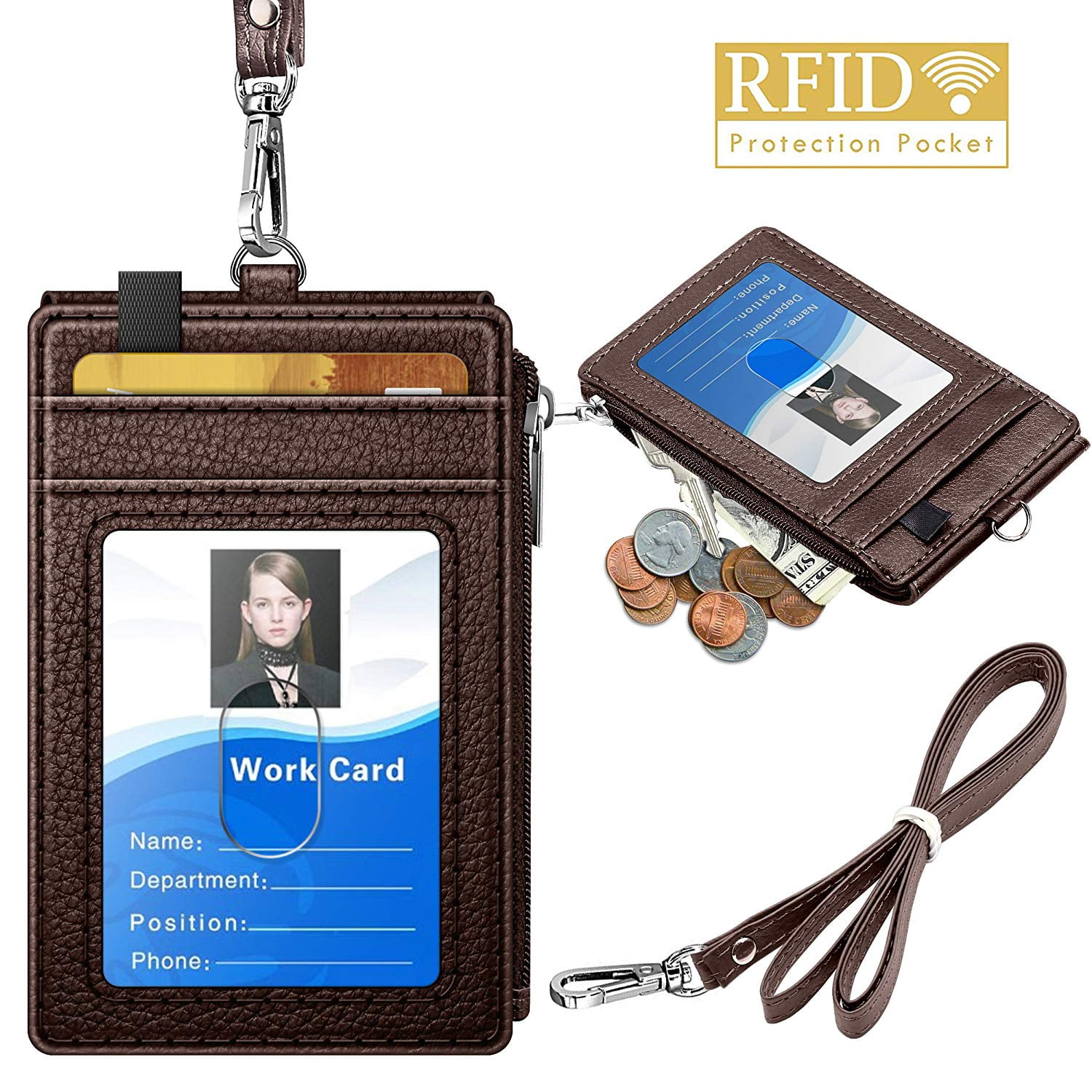 Badge Holder with Zipper, ELV PU Leather ID Badge Card Holder Wallet ...