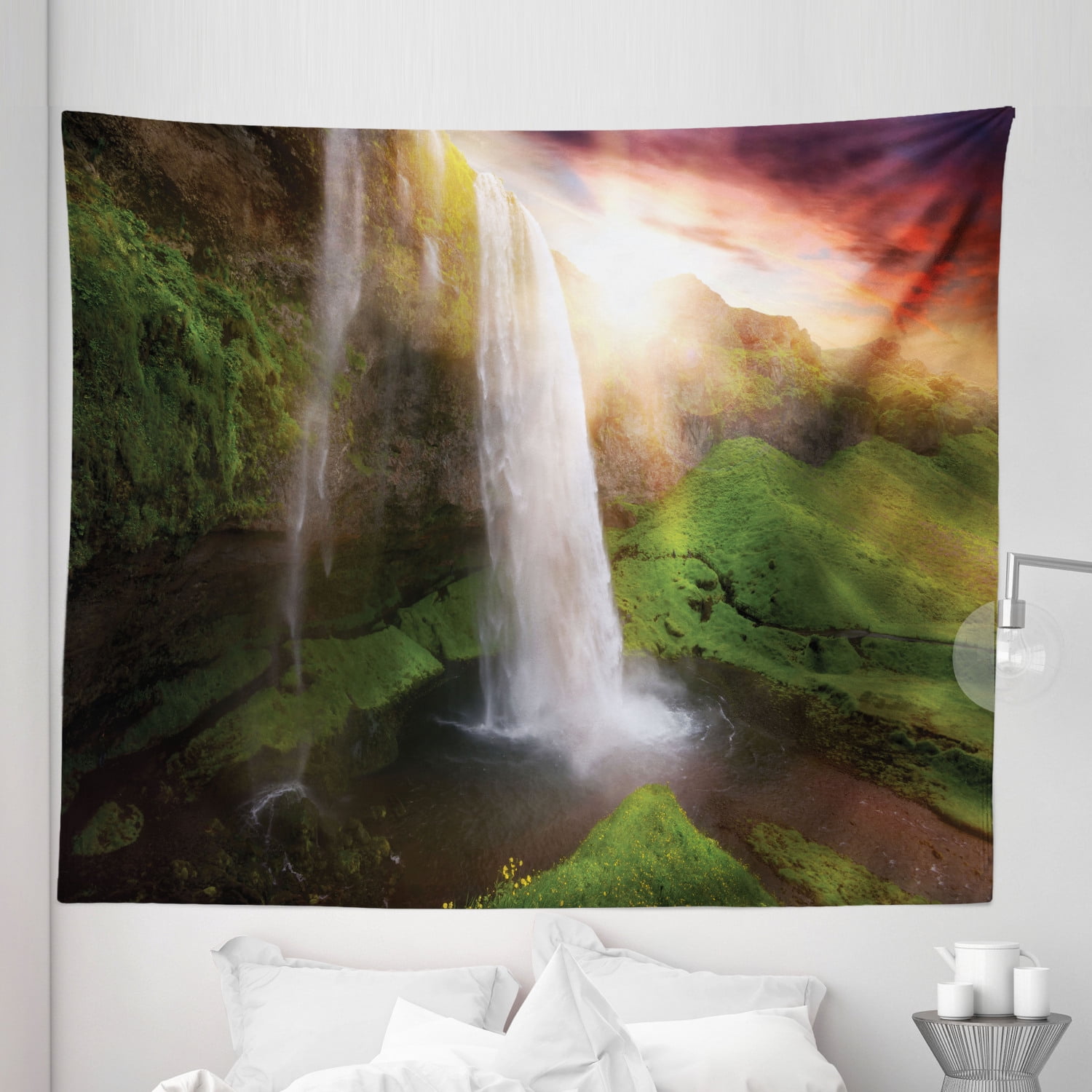 Waterfall Tapestry, Waterfalls at Sunset Sky in Iceland Scenic Spring ...