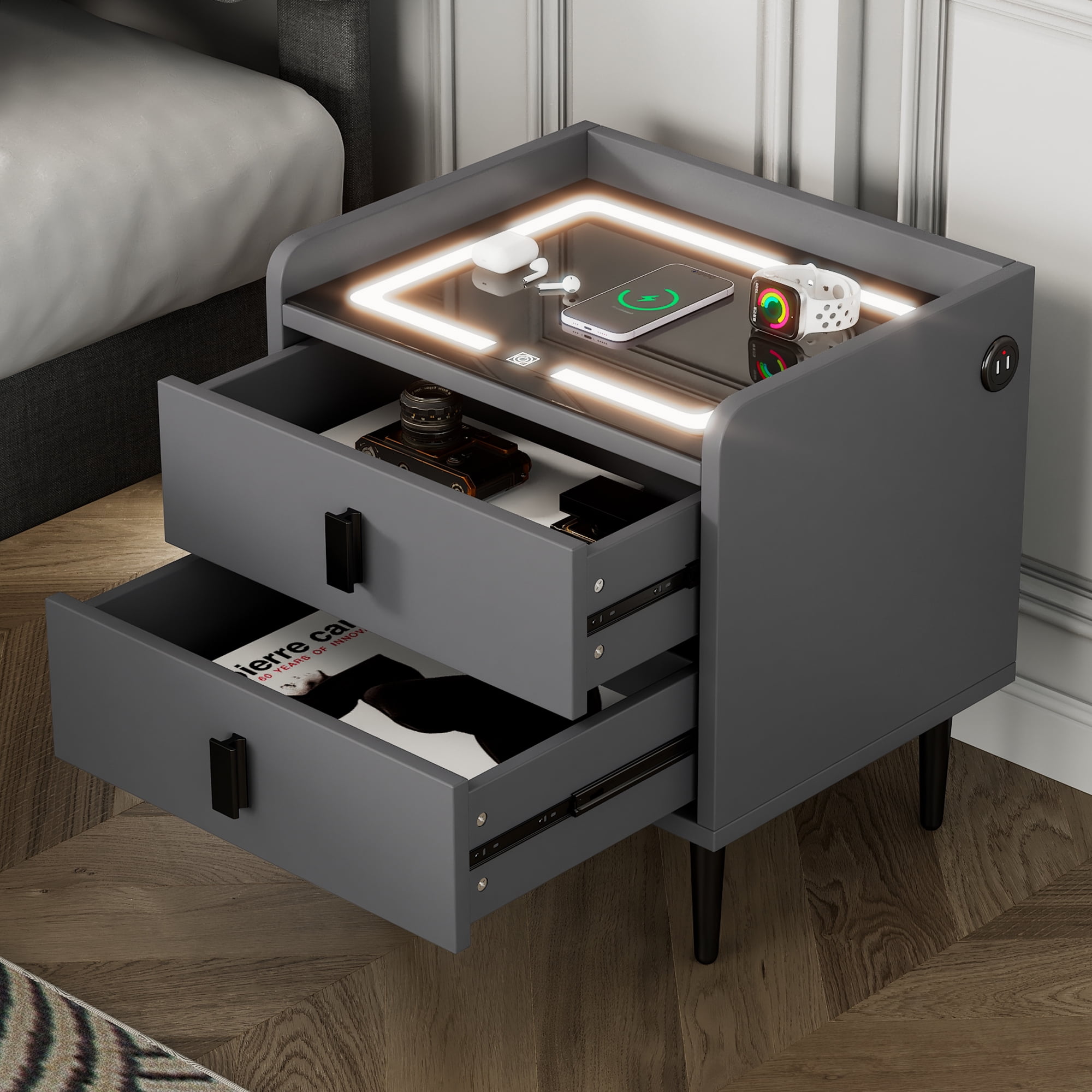 HSUNNS LED Nightstand with Wireless Charging Station, USB Charging, 2 ...