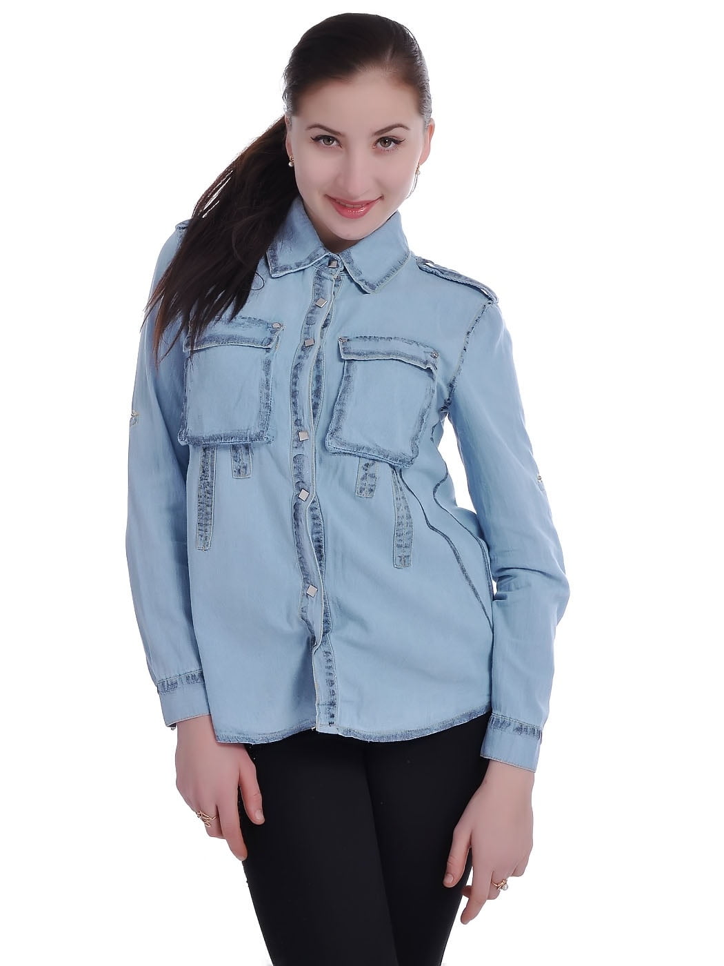 S/M Fit Light Blue Denim Burn Out Lines Design Chambray Style Top ...