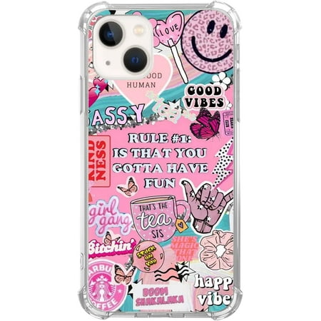 Retro Vintage Vibe Pink Aesthetic Case Compatible with iPhone 13, Hippie Smiley Face Positive ...