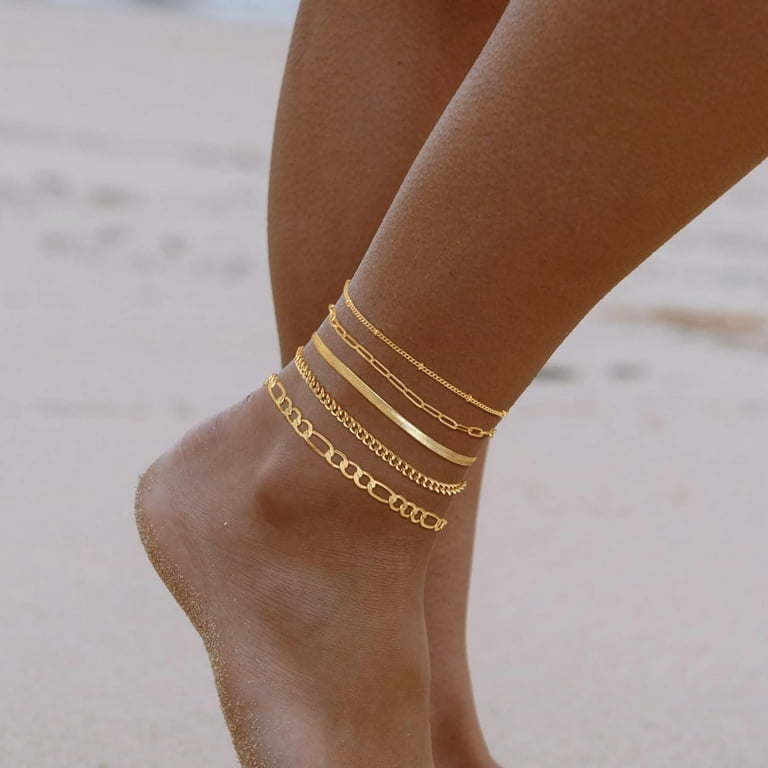 5 Piece Gold Anklet Set for Women 14K Waterproof No Tarnish Cuban Figaro Herringbone Satellite and Paperclip Trendy Jewelry Collection Walmart