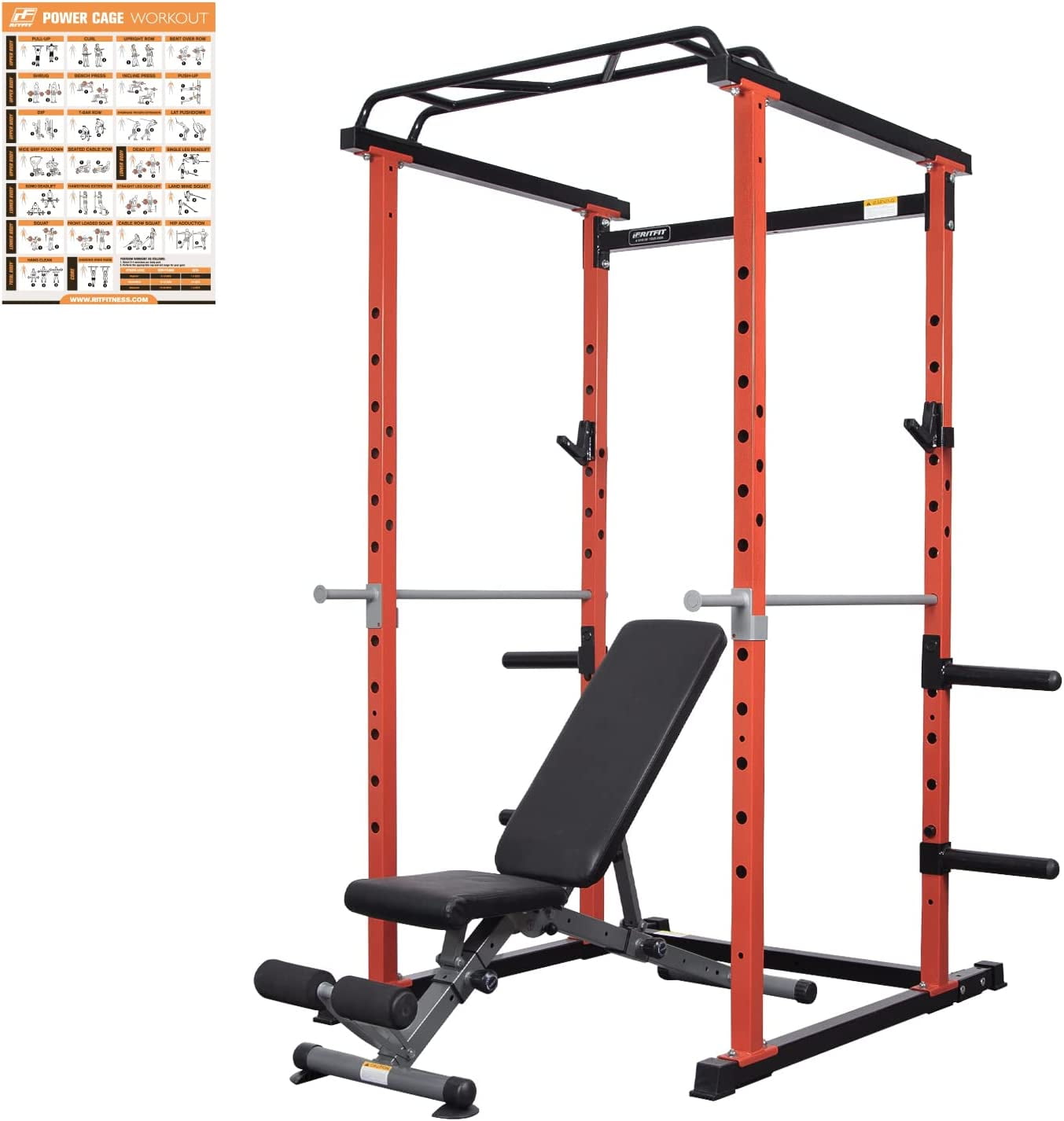 RitFit 1000LB Capacity Power Cage Rack with Bench, 2" x 2" Uprights ...