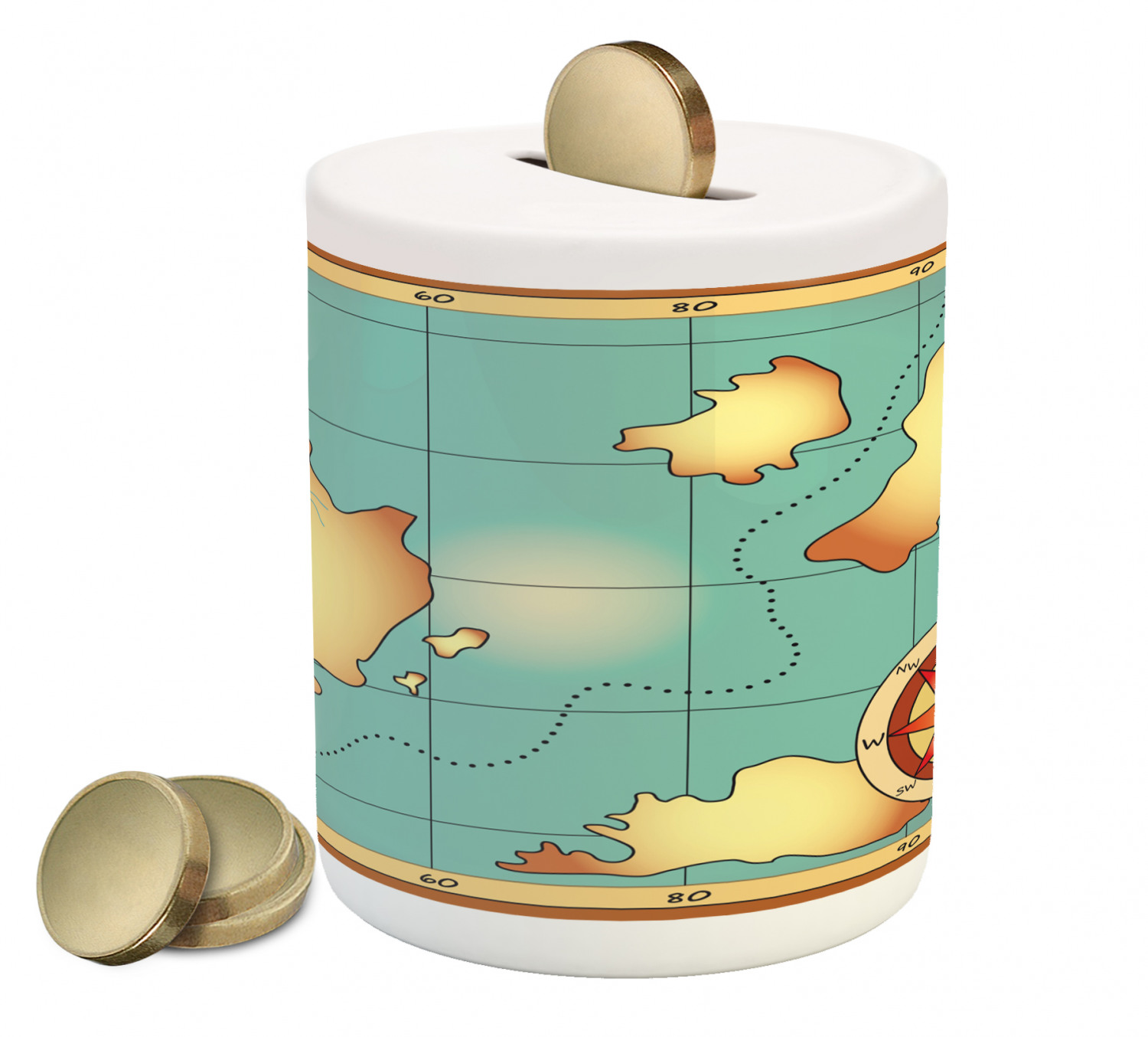 Island Map Piggy Bank, Treasure World Map Design with Compass ...