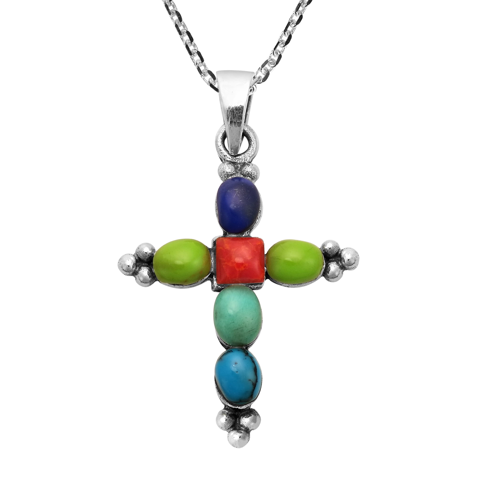 Southwestern Style Colorful Mix Stones Cross Sterling Silver Necklace ...