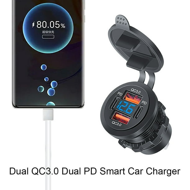 Adaptador Alimentación Dual PD QC 3.0 CARGO CAR USB CON VOLTMETER 4 Puertos para Tableta ...