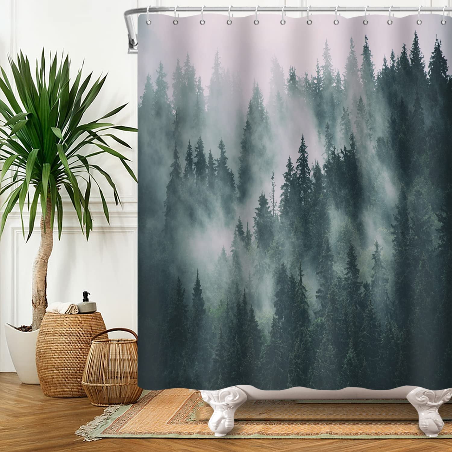 Misty Forest Shower Curtain Sage Green Trees Shower Curtains Foggy ...
