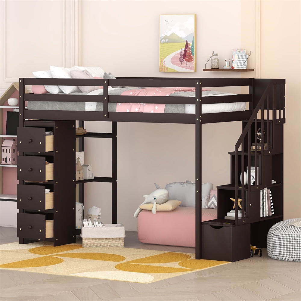 Loft Bed with Stairs, 7 Drawers and Storage Shelves Wooden Twin Size ...
