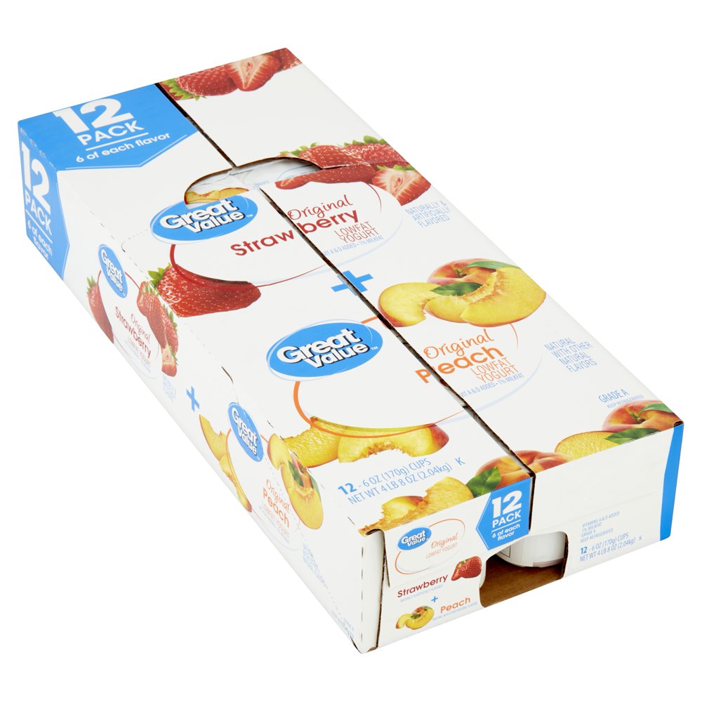 Great Value Original Strawberry + Peach Lowfat Yogurt, 6 oz, 12 count ...