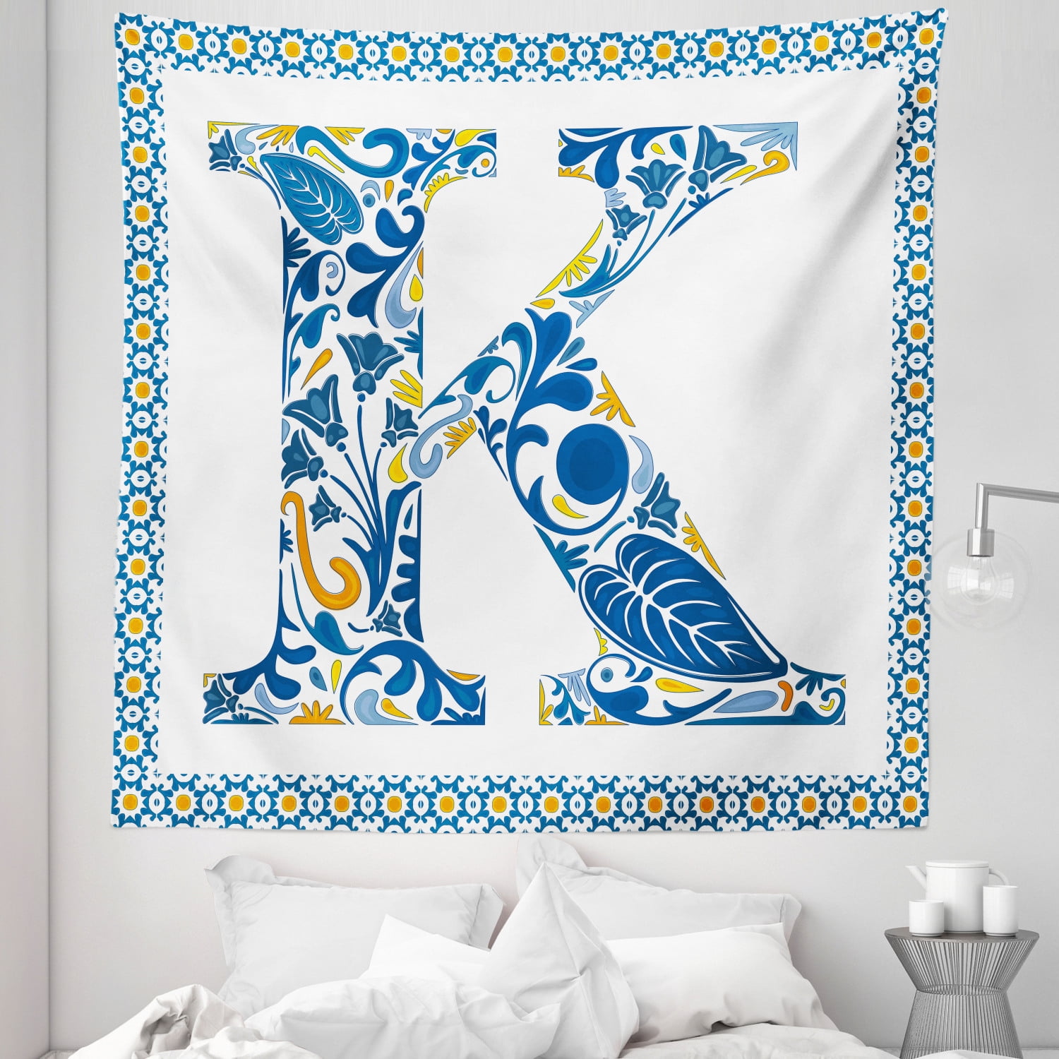 Letter K Tapestry, Abstract Leaves and Blooms and Capital Initial K ...