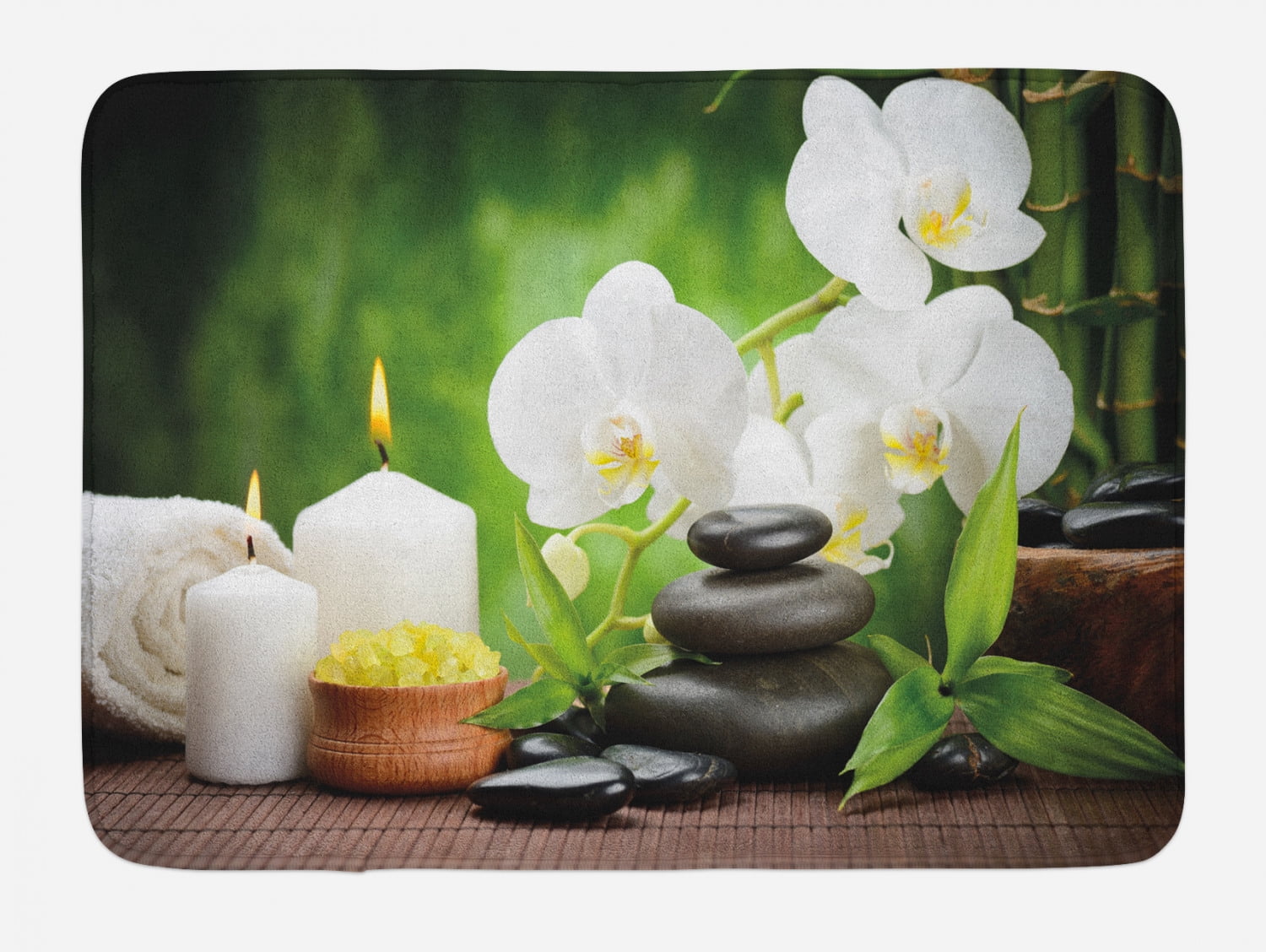 Spa Bath Mat, Zen Stones with Orchid and Candles Green Plants at the ...