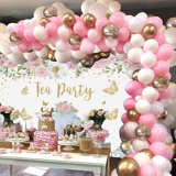 7×5FT Tea Party Backdrop Pink Rose Floral Gold Butterfly Teapot Let's ...