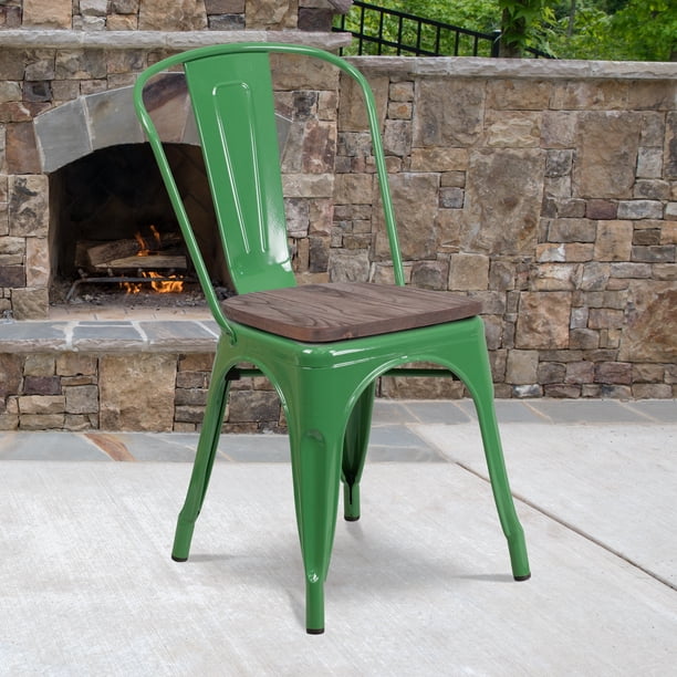 Flash Furniture Green Metal Stackable Chair with Wood Seat - Walmart.com