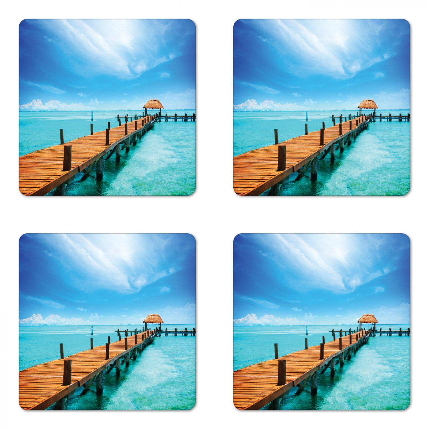 Tropical Coaster Set of 4, Exotic Hawaiian Wooden Pier Design Warm ...