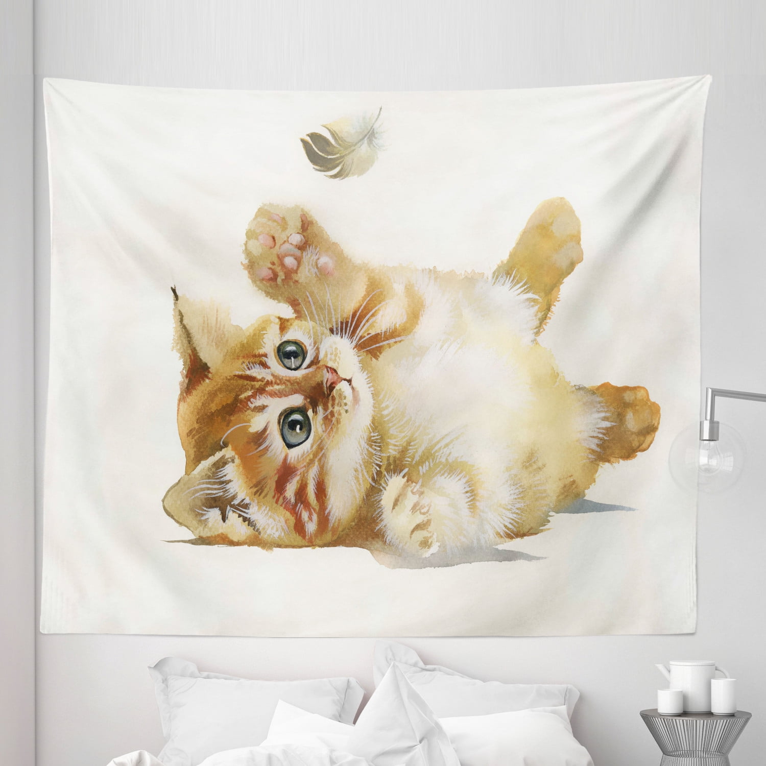 Animal Tapestry, Cat Playing with Feather in Watercolors Hand Drawn ...