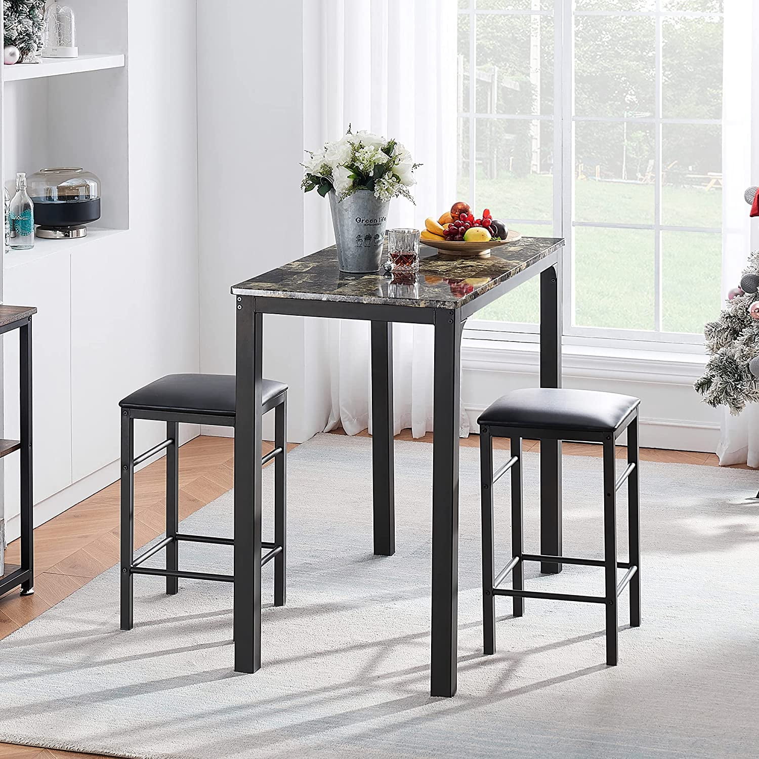 VECELO 3-Piece Dining Table Set with 2 PU Padded Stools, Height Pub ...