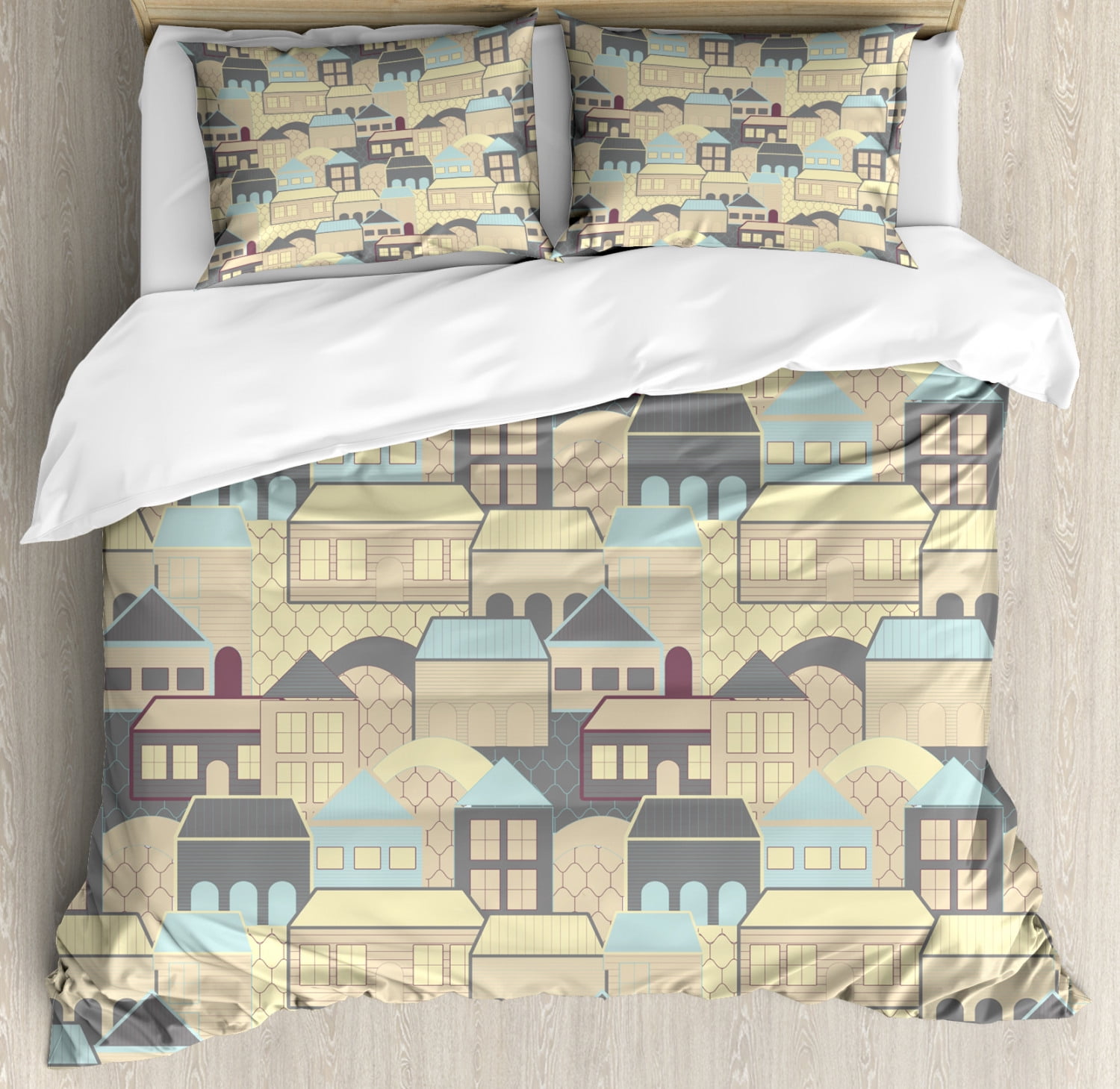 Urban Duvet Cover Set King Size, Multicolored Houses Vintage Structures ...