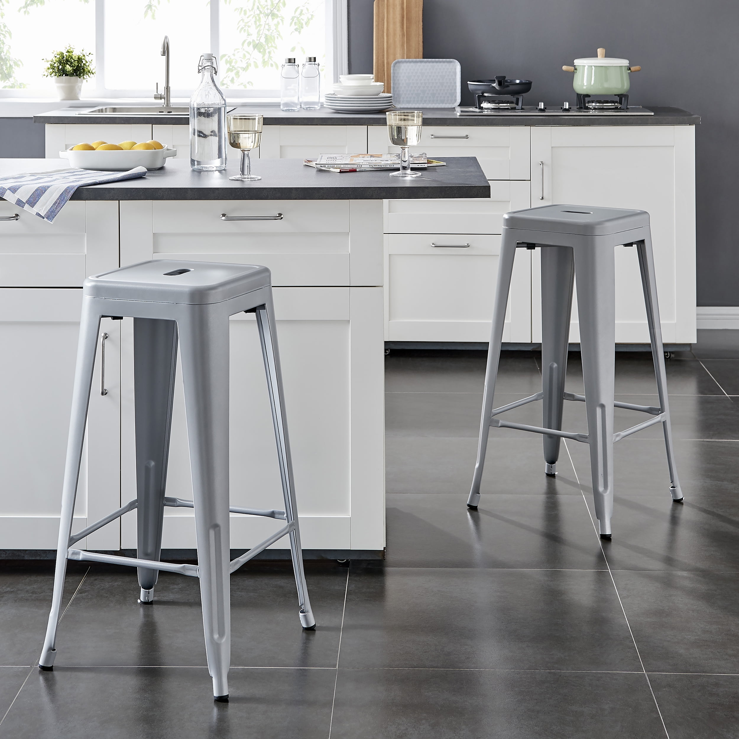 AC Pacific 30" Industrial Backless Metal Bar Stool, Silver, Set Of 2 ...