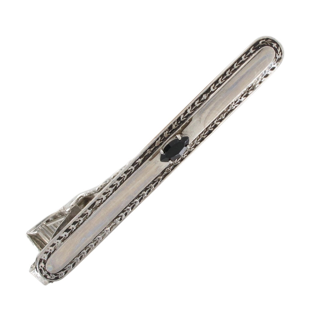 Silver Tone Retro Design Crystal Black Detailing Tie Clip Clasp Mens ...