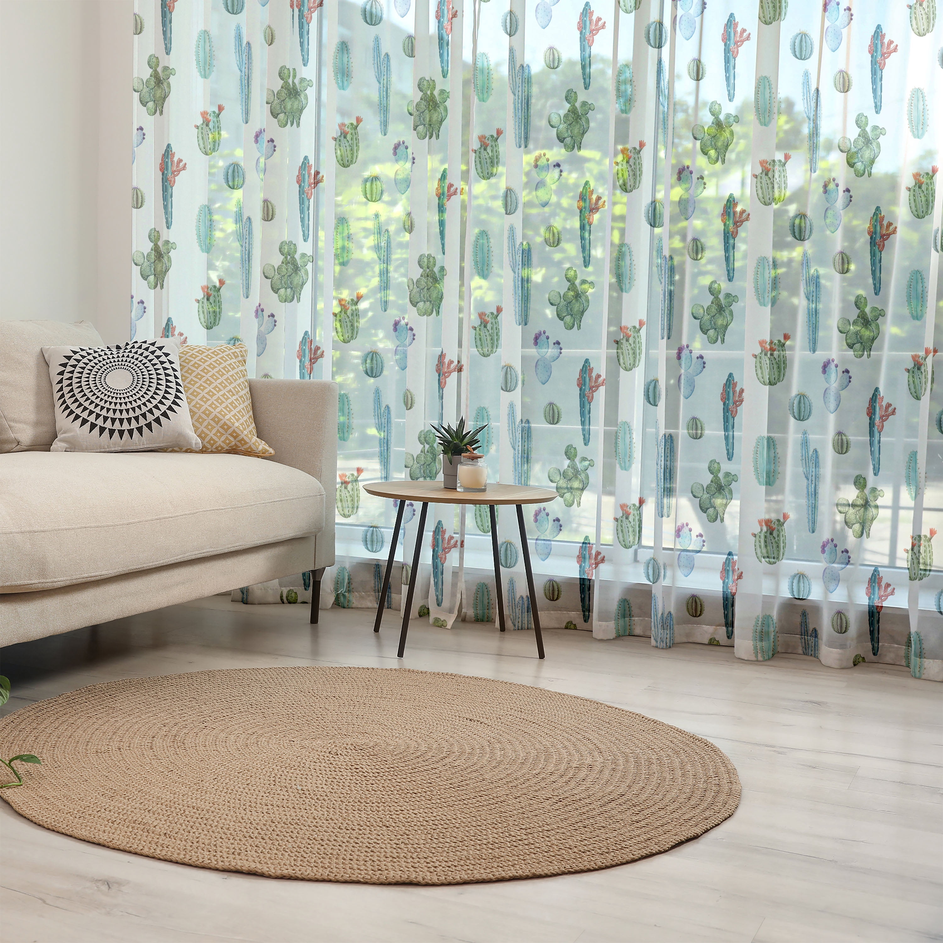 Cactus Tulle Curtains with Rod Pocket, Watercolor Cactus Plant Image ...