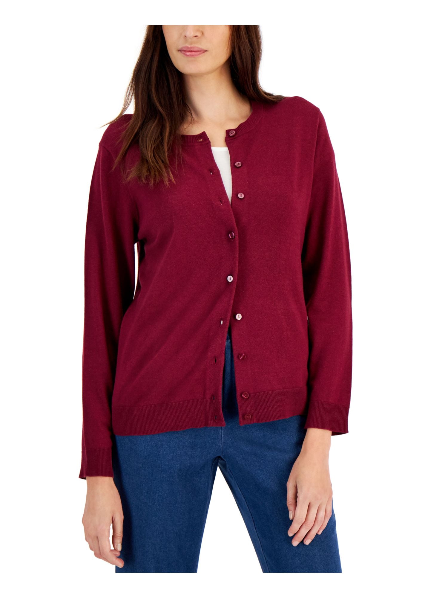 Karen Scott Womens Maroon Cotton Blend Long Sleeve Crew Neck Wear To
