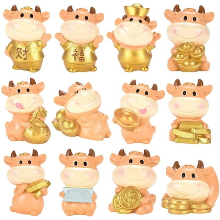 12 Pieces Mini Cow Figurines Resin Miniature Ox Statue 2021 Chinese ...