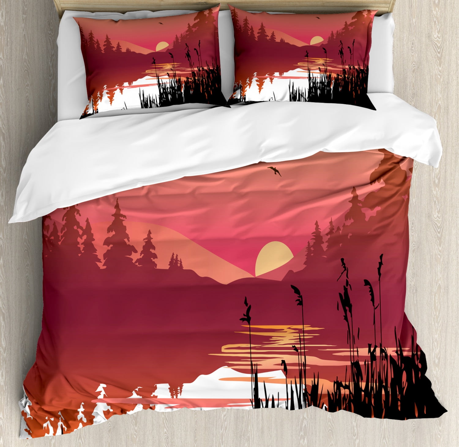 Landscape King Size Duvet Cover Set, Tranquil Sunset on River Bushes ...