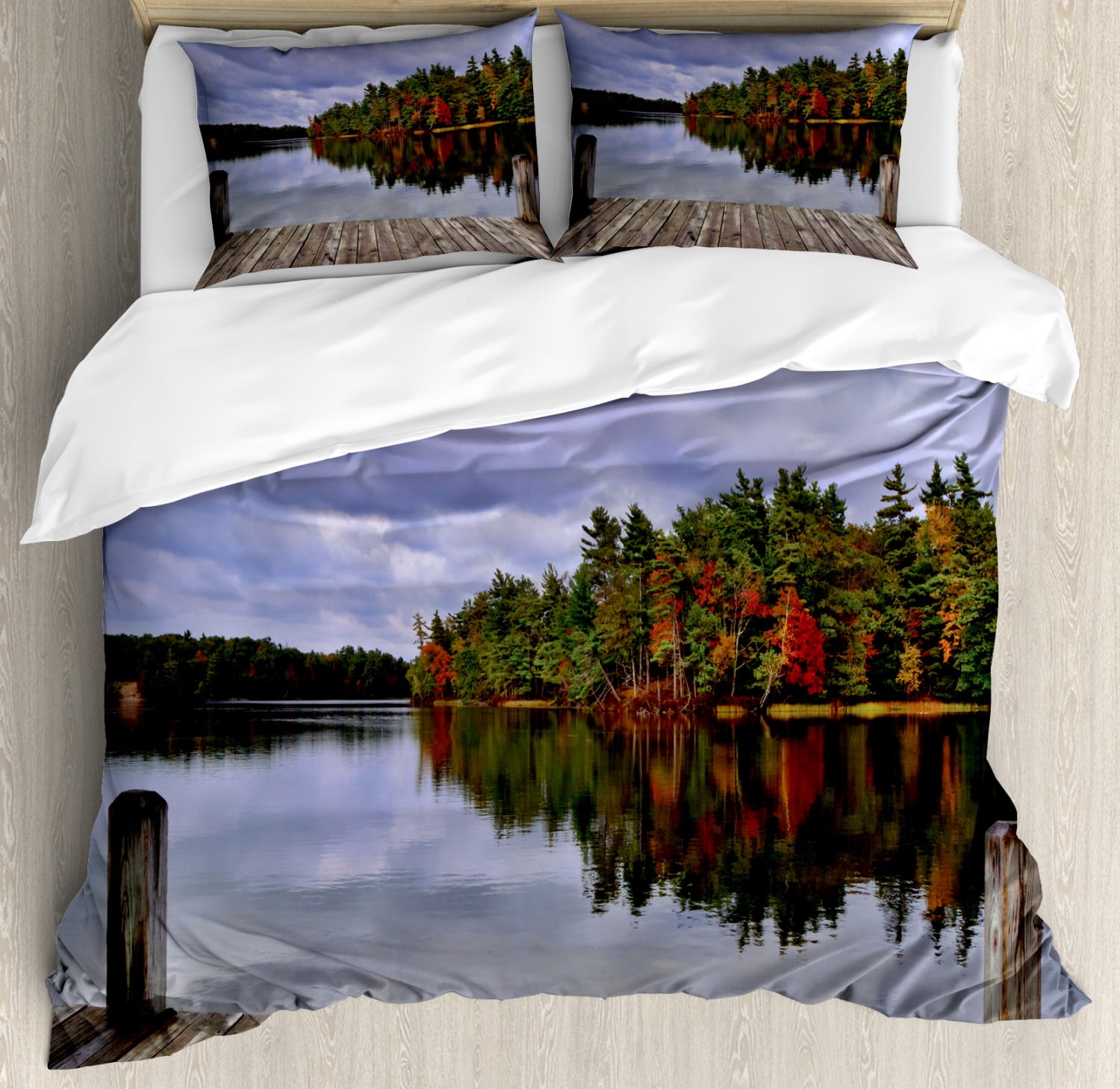 Lake Duvet Cover Set King Size, Wooden Dock and Island Ablaze in Fall ...
