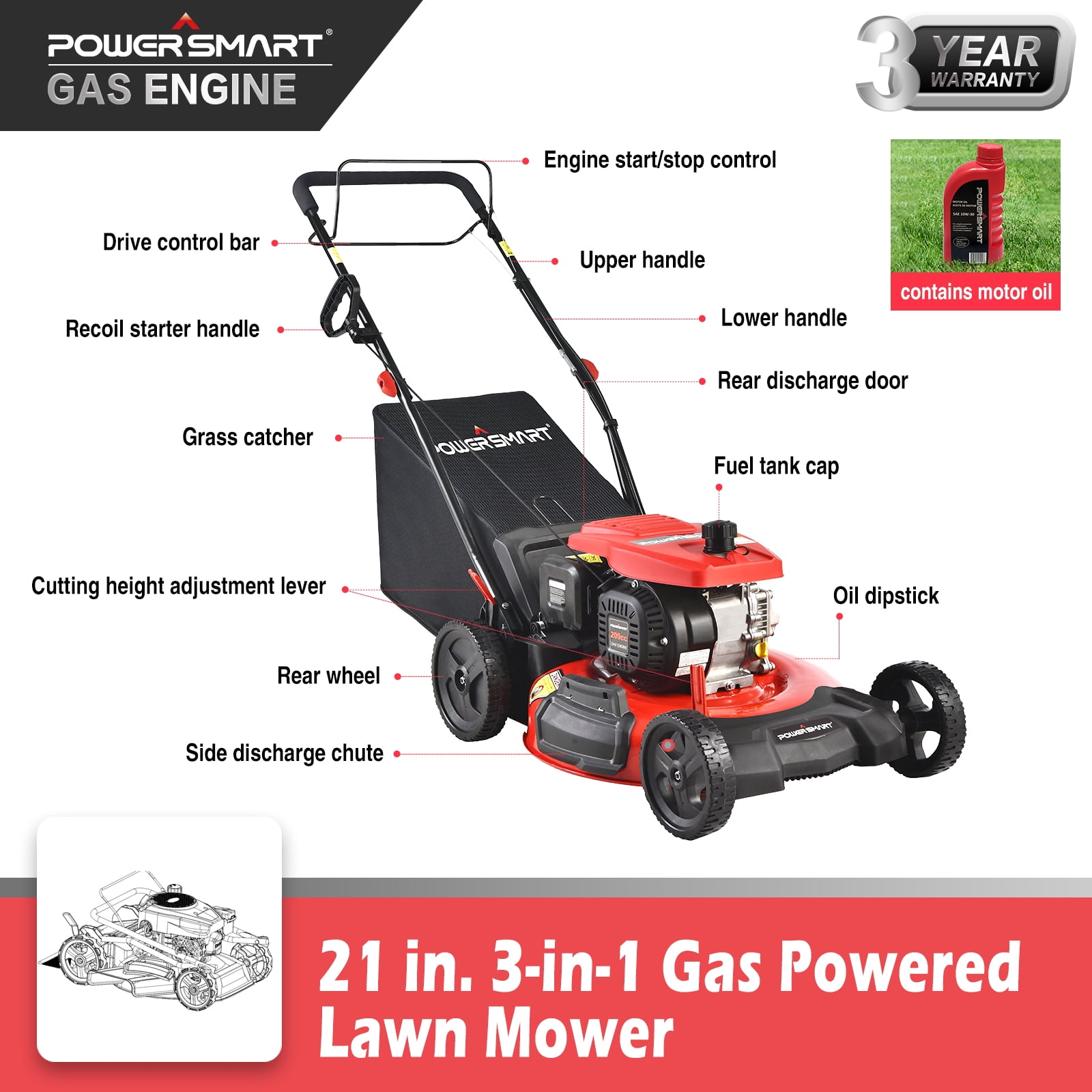 Power Smart 21-inch 3-in-1 Gas Powered Self-propelled Lawn Mower,PSM2521SH - Discounttoday.net