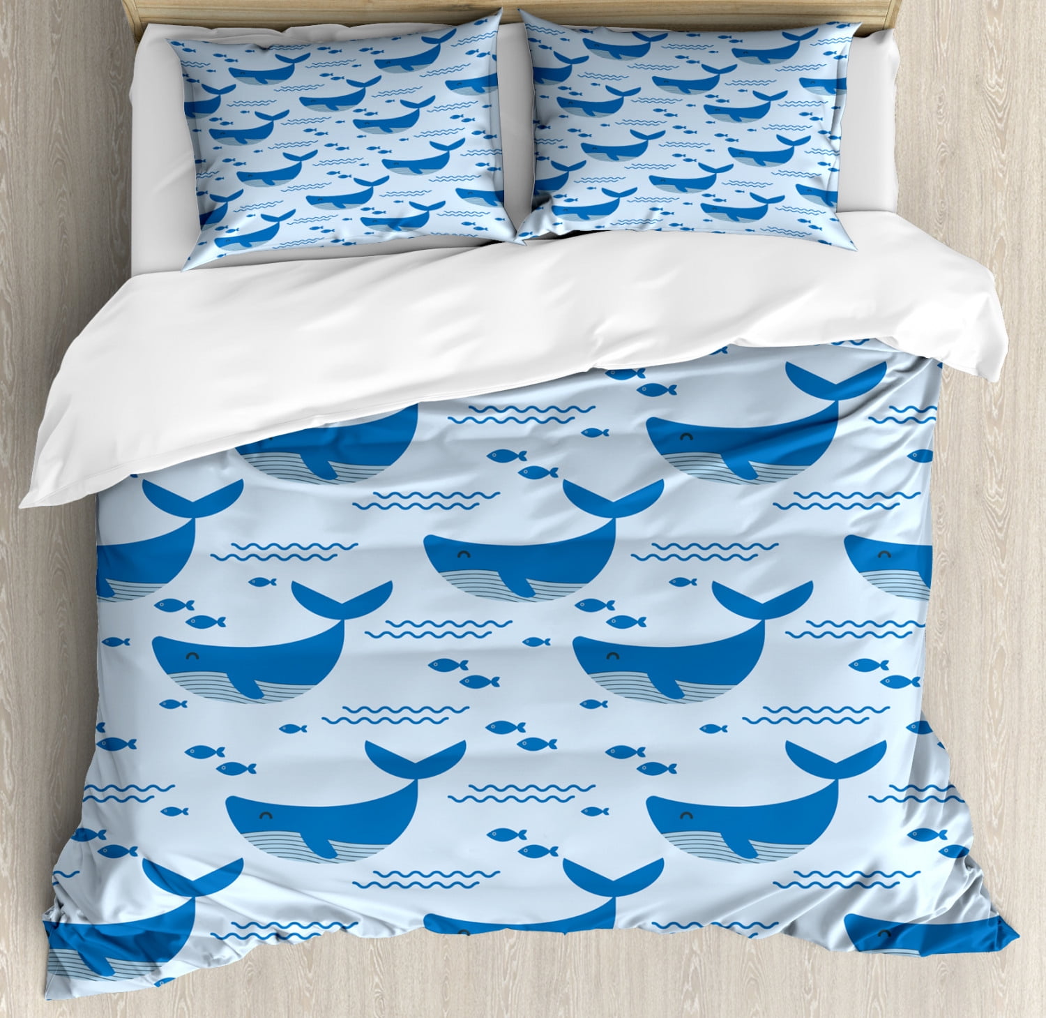 Whales Duvet Cover Set Queen Size, Rhythmic Flock of Fish Big Animals ...