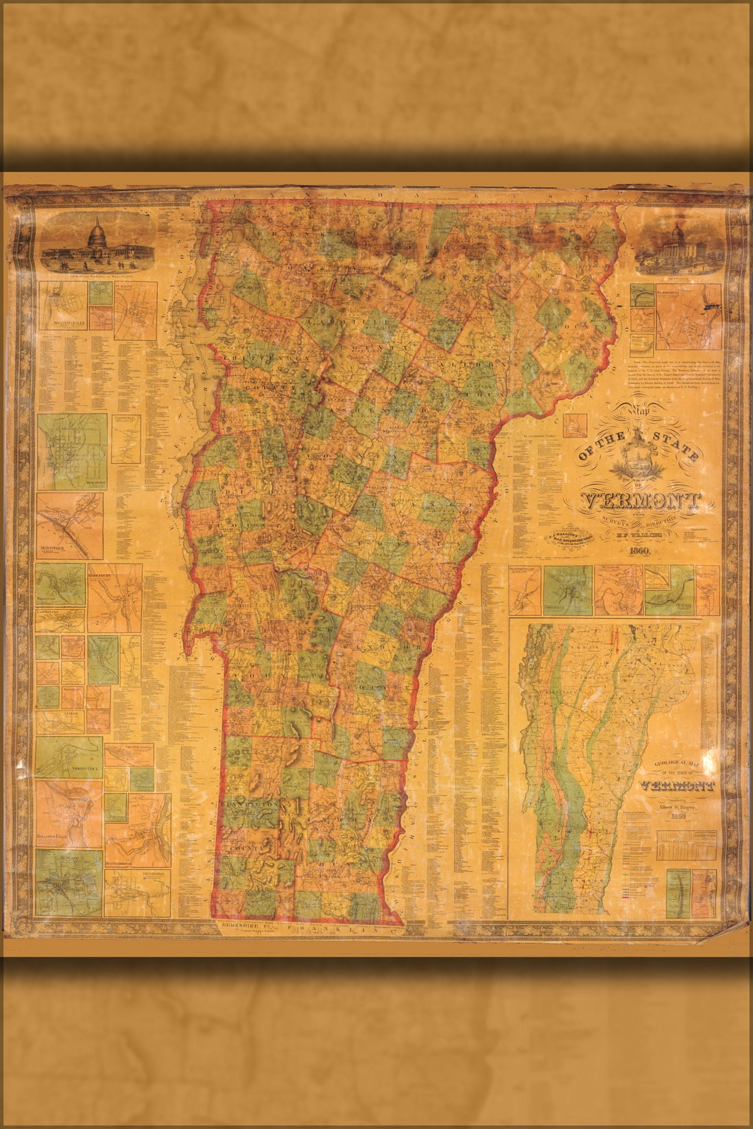 24"x36" Gallery Poster, Map of the state of Vermont 1860 - Walmart.com