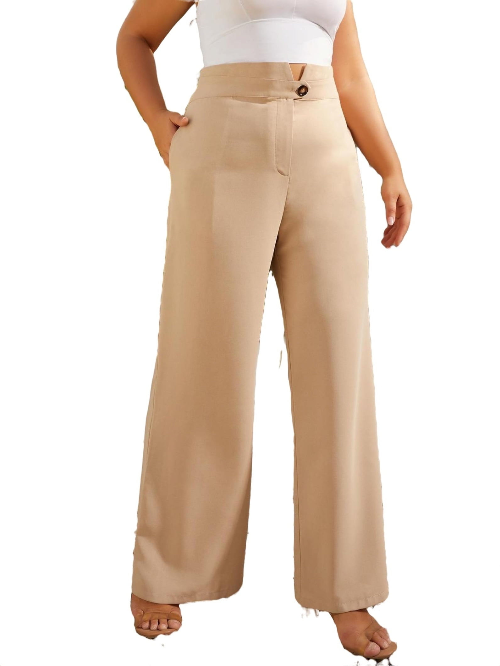 Plus Elegant Solid Wide Leg Khaki Plus Size Pants Womens Plus